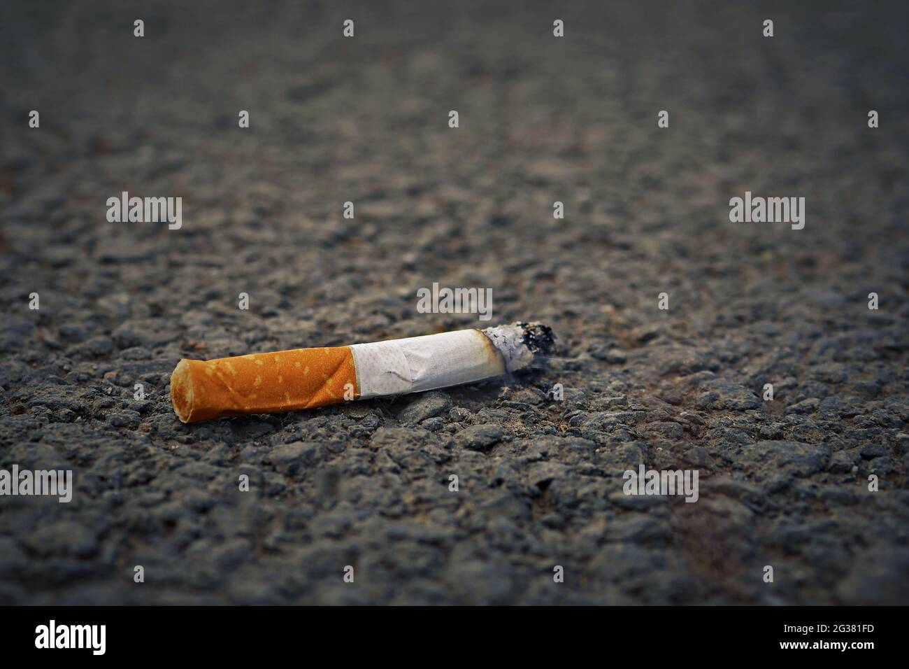 closeup of smoking cigarette butt on asphalt with copy space Stock ...