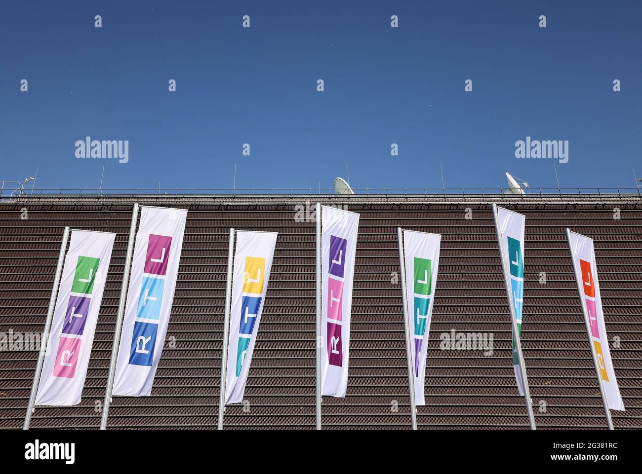 Cologne, Germany. 14th June, 2021. Flags with the new logo of the TV ...