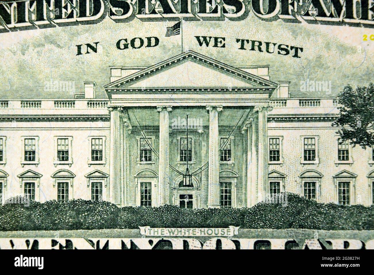 A close up photograph of The White House on the twenty Dollar note ...