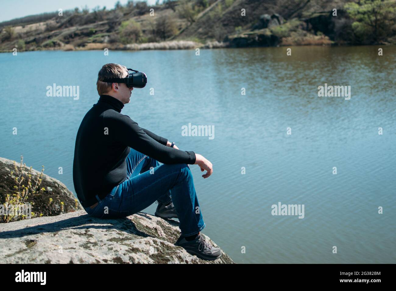 Virtual reality vs real life. Future, Modern technologies. Man in VR ...