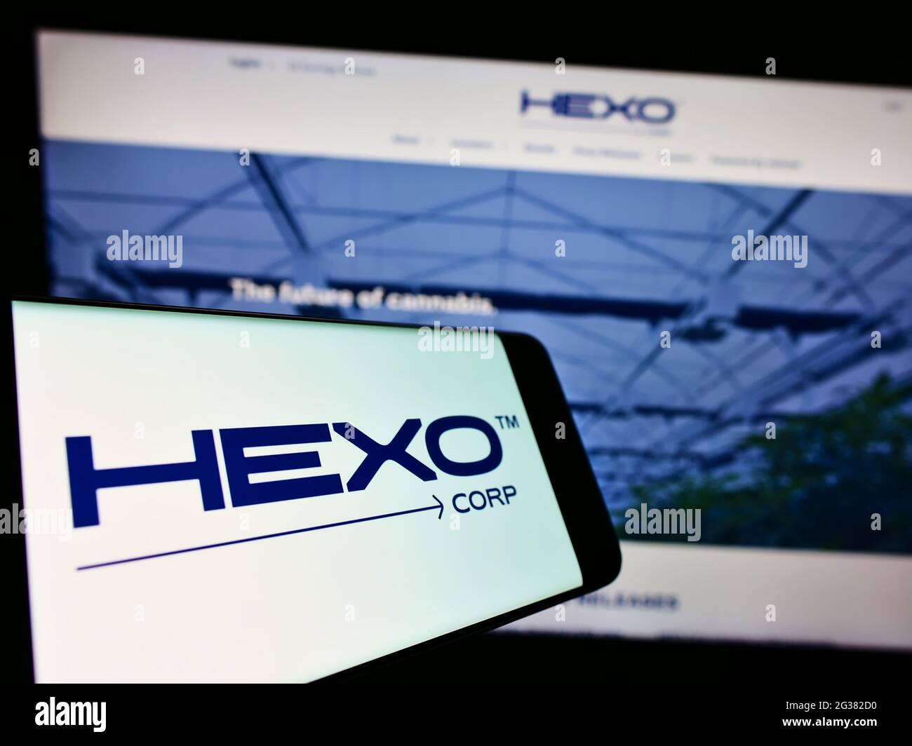 Mobile phone with logo of Canadian cannabis company HEXO Corp on screen ...