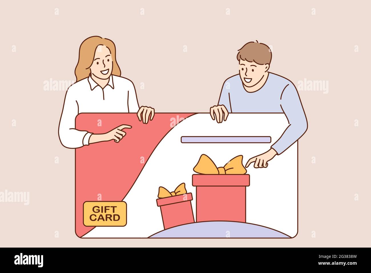 Customers gift card bonus concept. Cheerful happy people couple cartoon ...