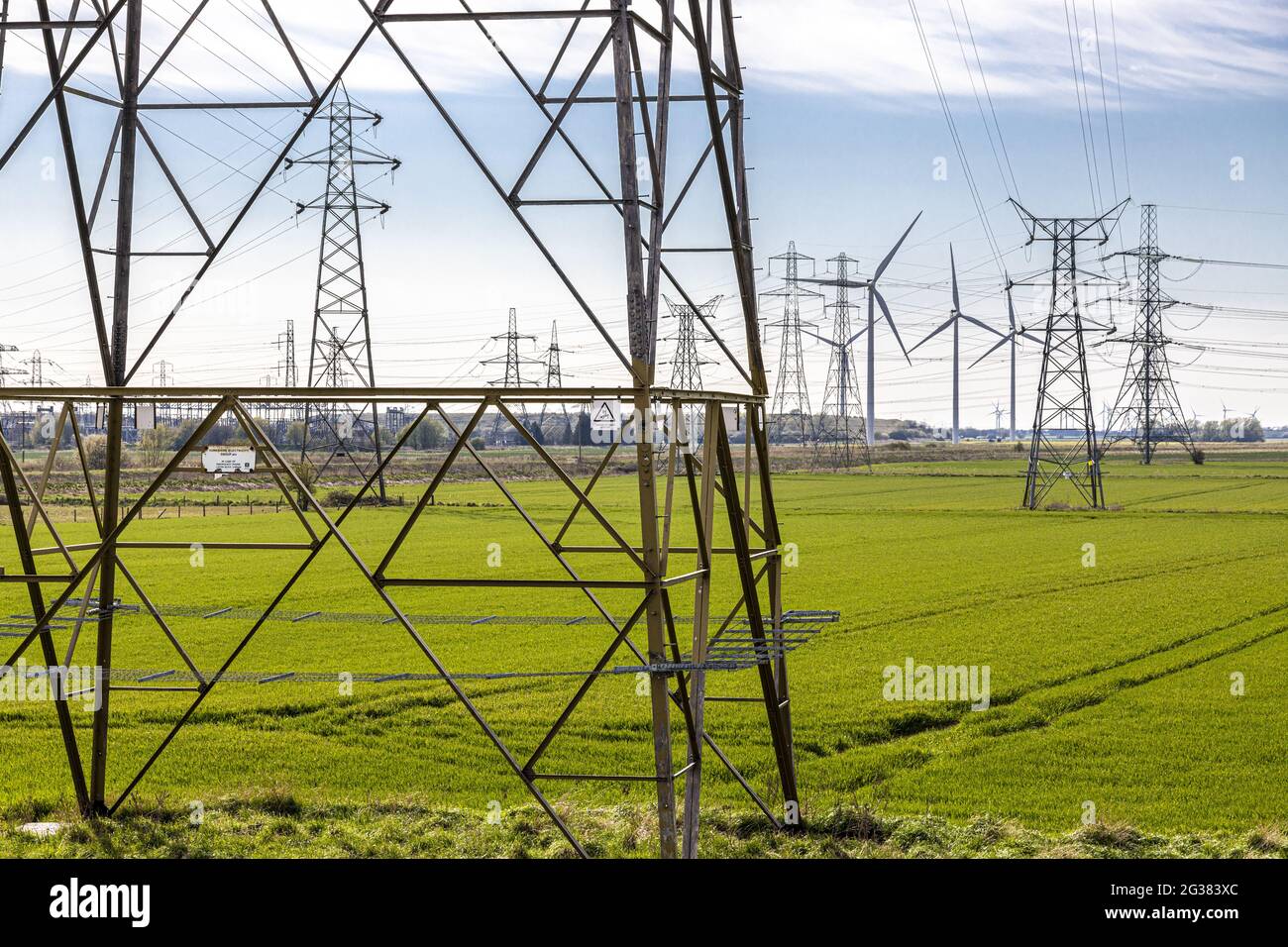 Pylons and wind turbines at Keadby, North Lincolnshire UK Stock Photo ...