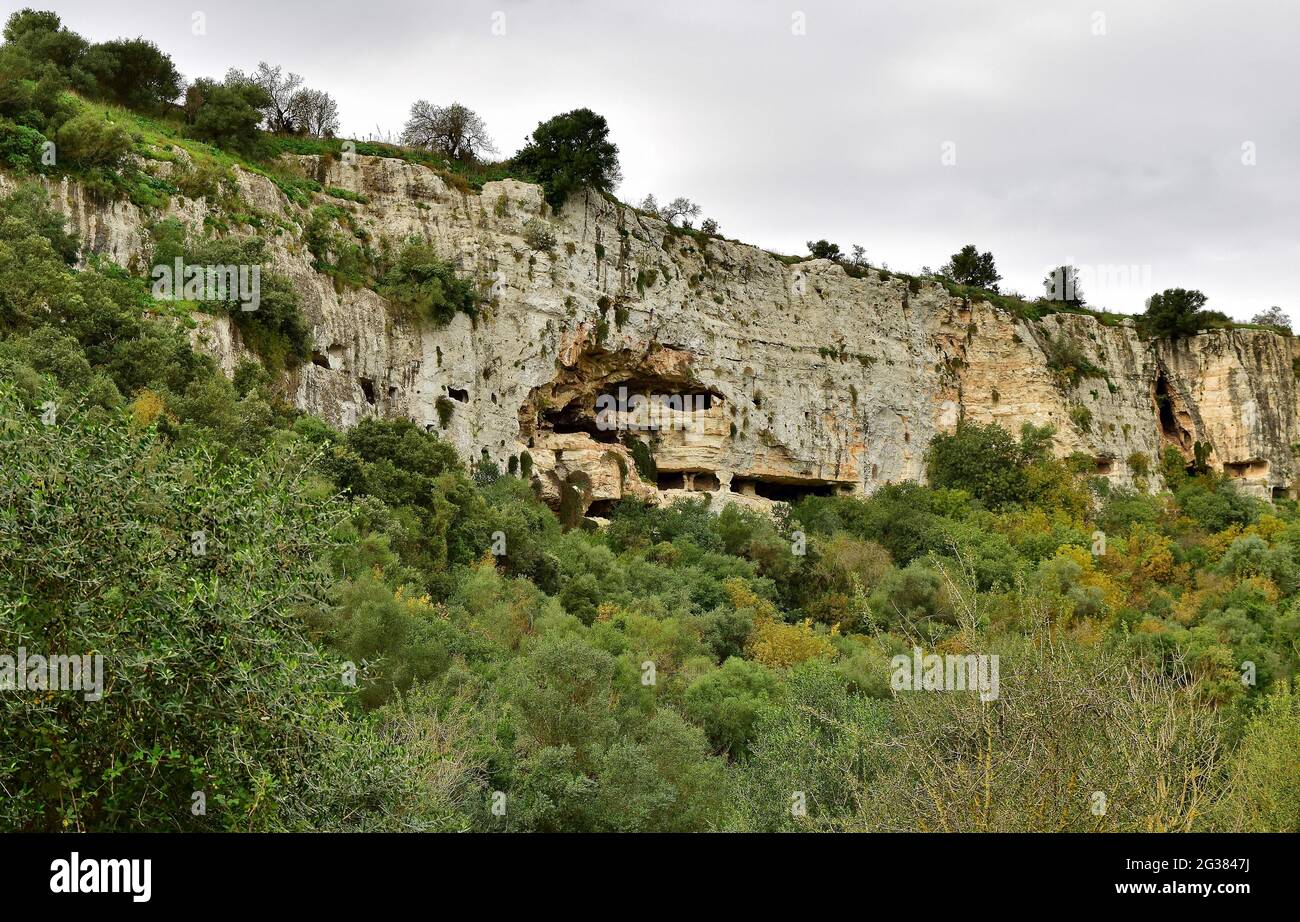 SICILY, ITALY - Nov 22, 2015: Cliff face in Cava d'Ispica canyon in ...