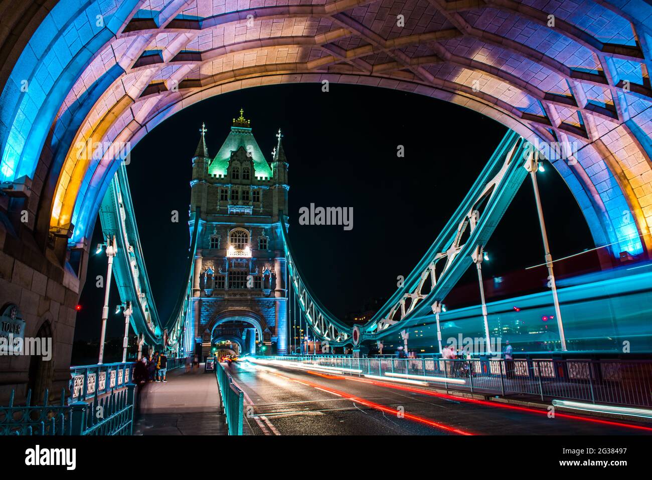 London England Tower Bridge at Night with color lights, night ...