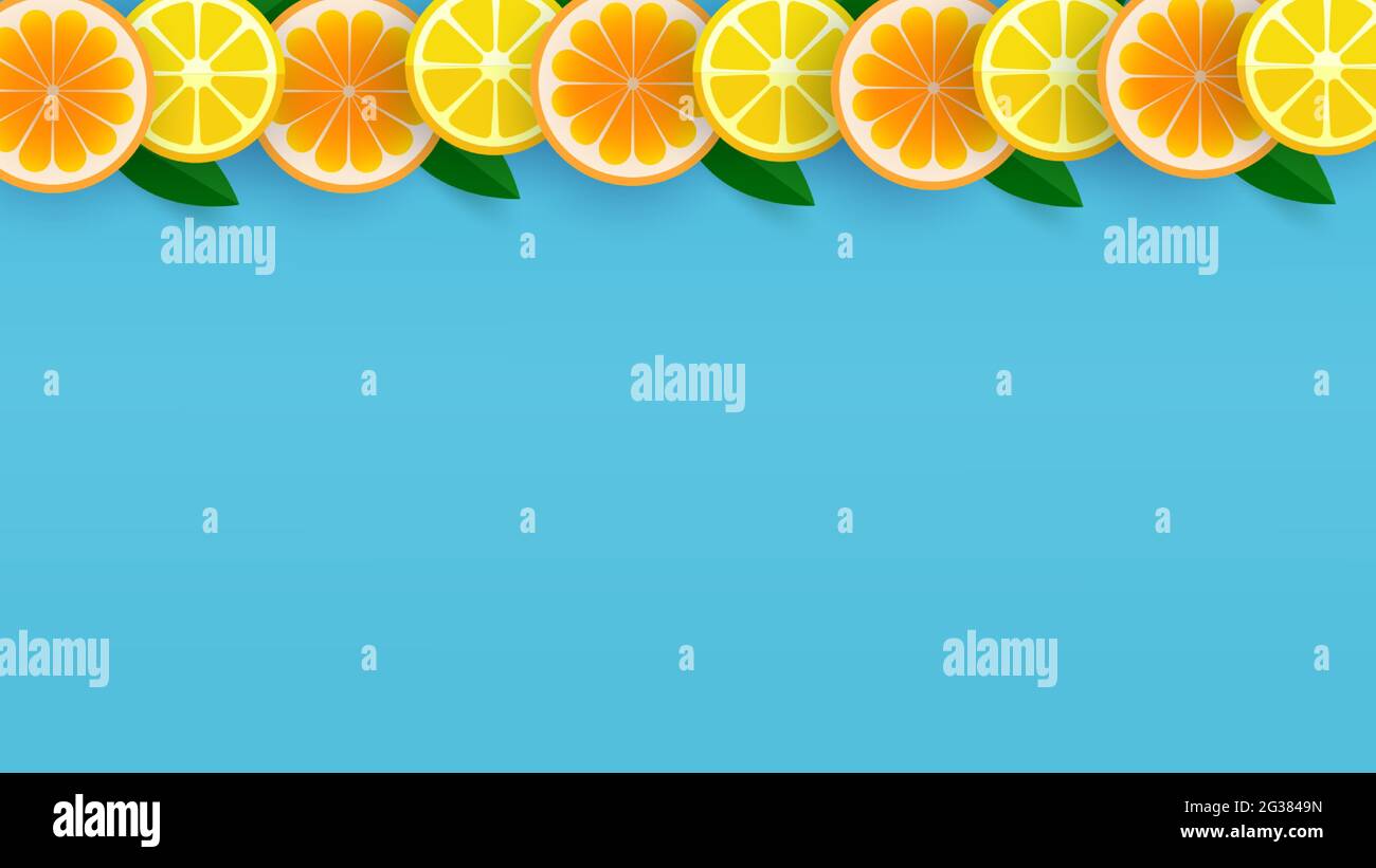 Summer composition of yellow lemon slice on a bright blue background ...