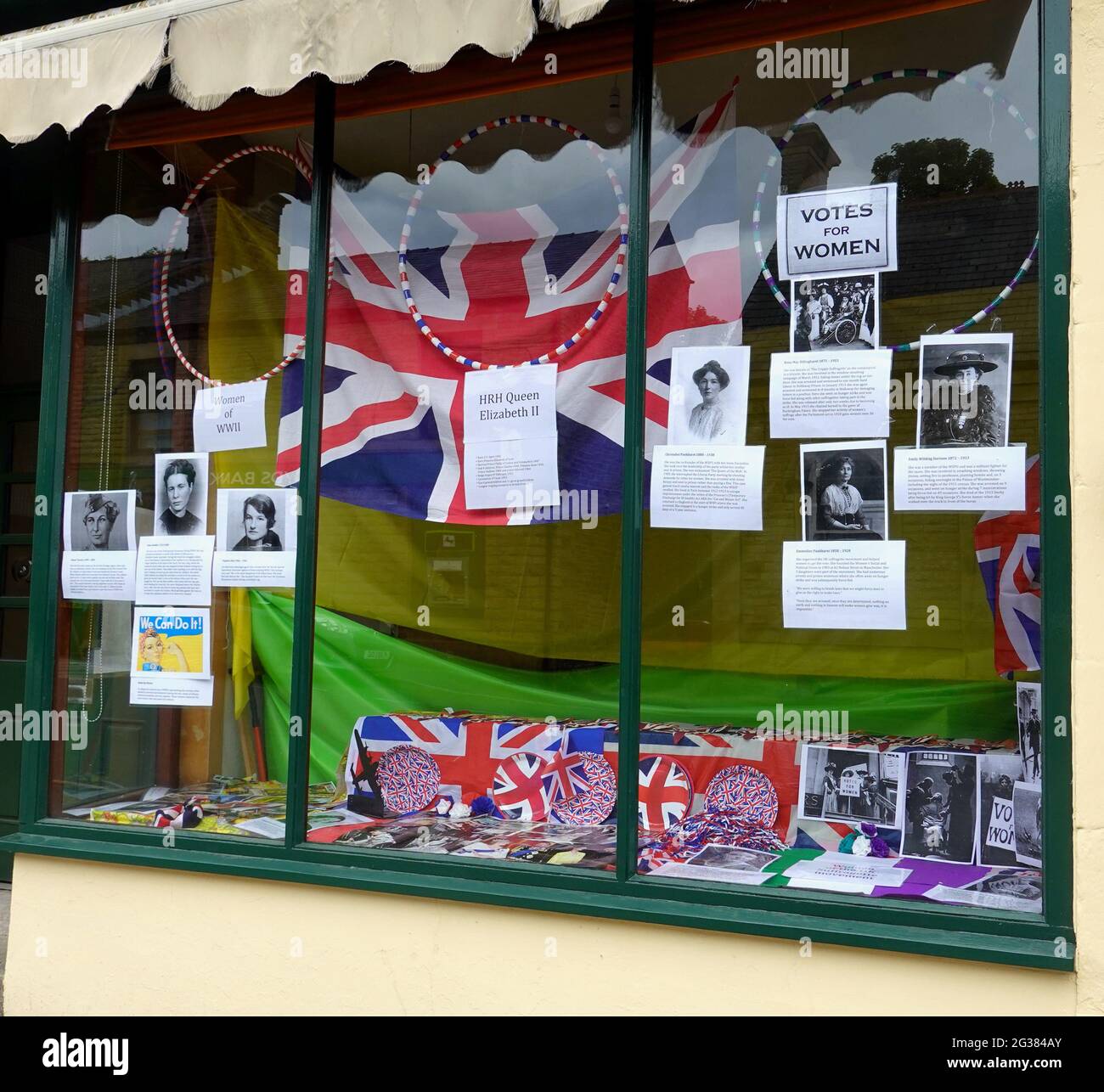 A shop window display of famous women for the New Mills Annual Carnival ...