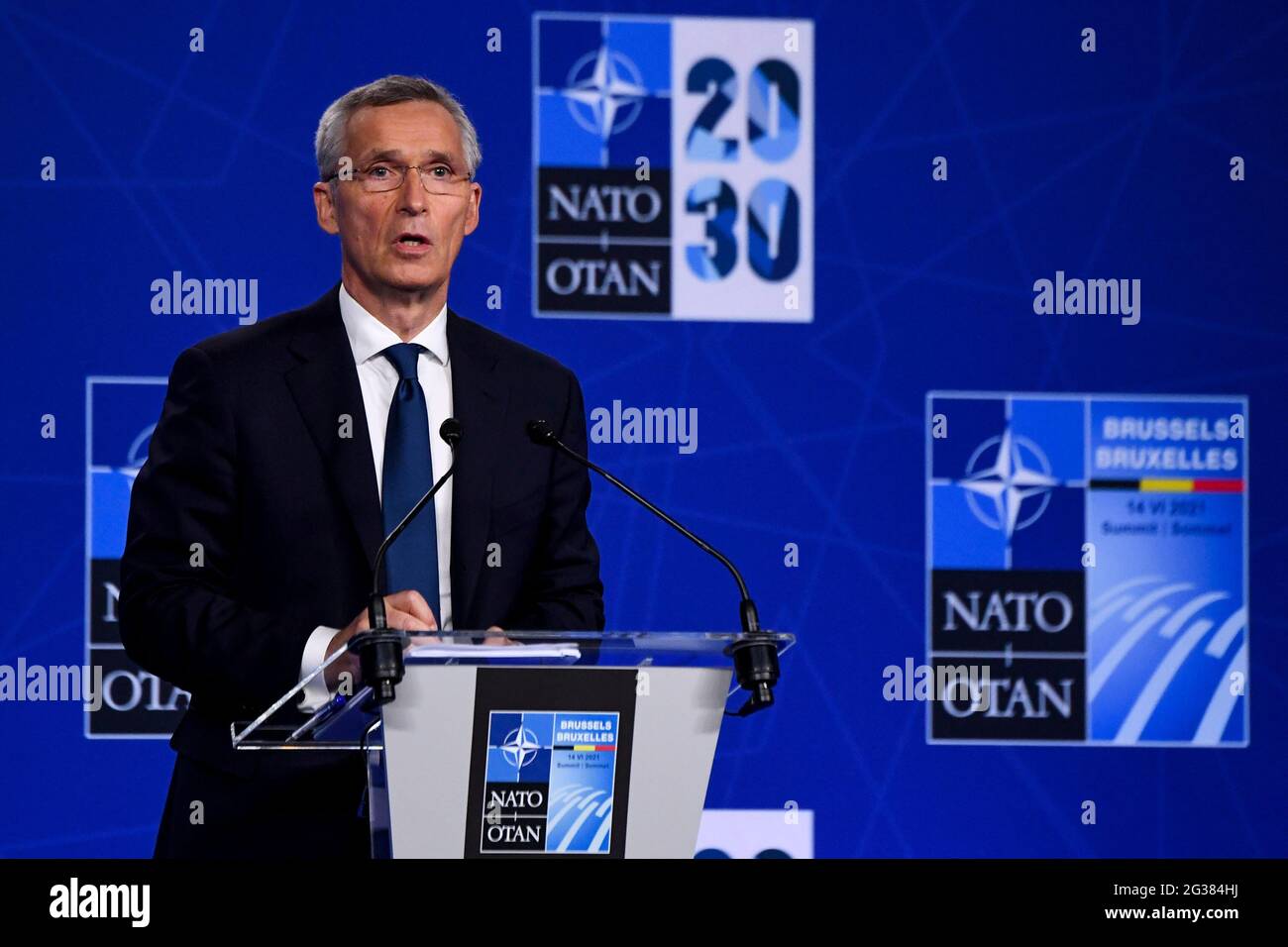 NATO Secretary General Jens Stoltenberg pictured at the press ...