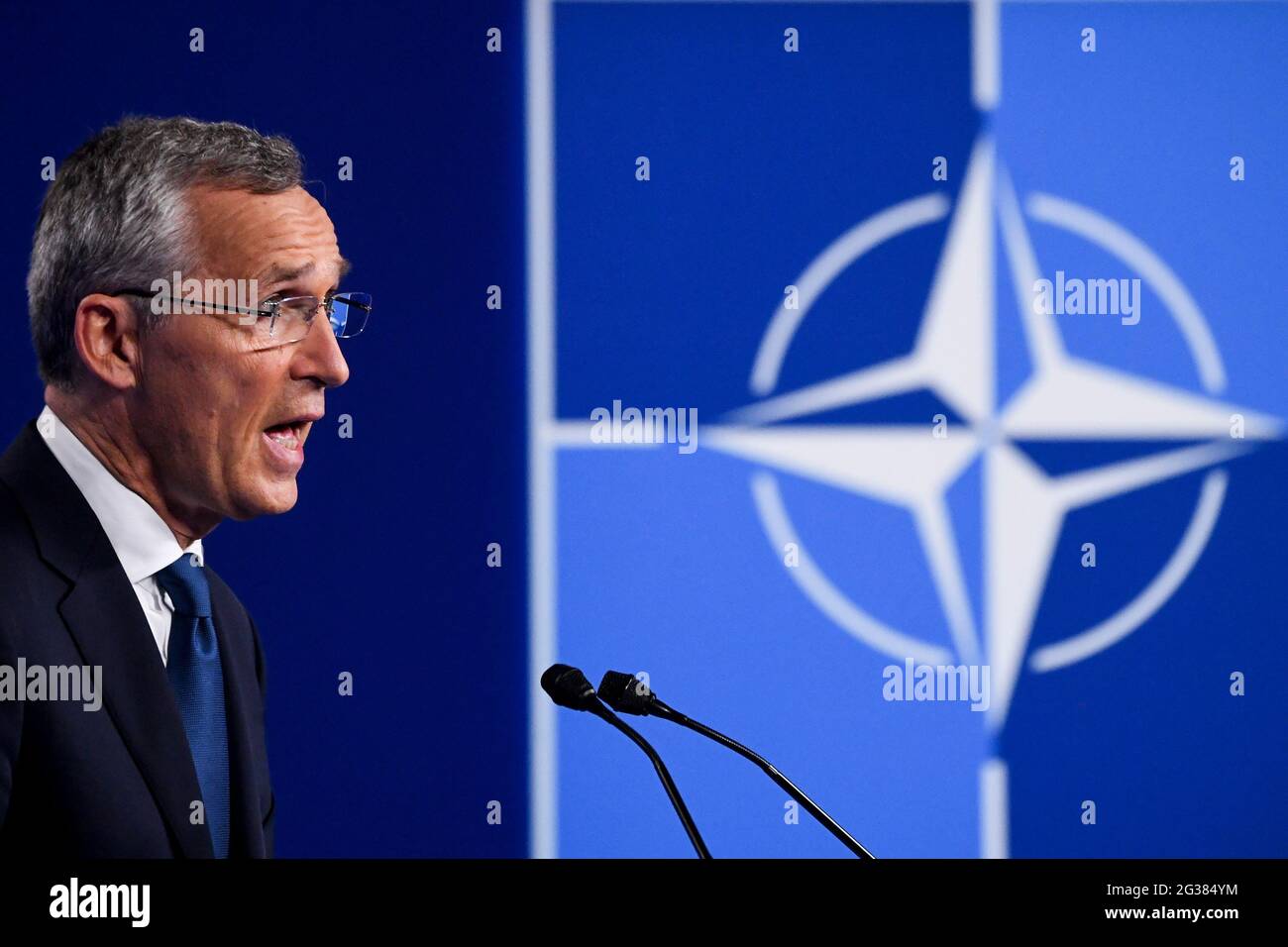 NATO Secretary General Jens Stoltenberg pictured at the press ...