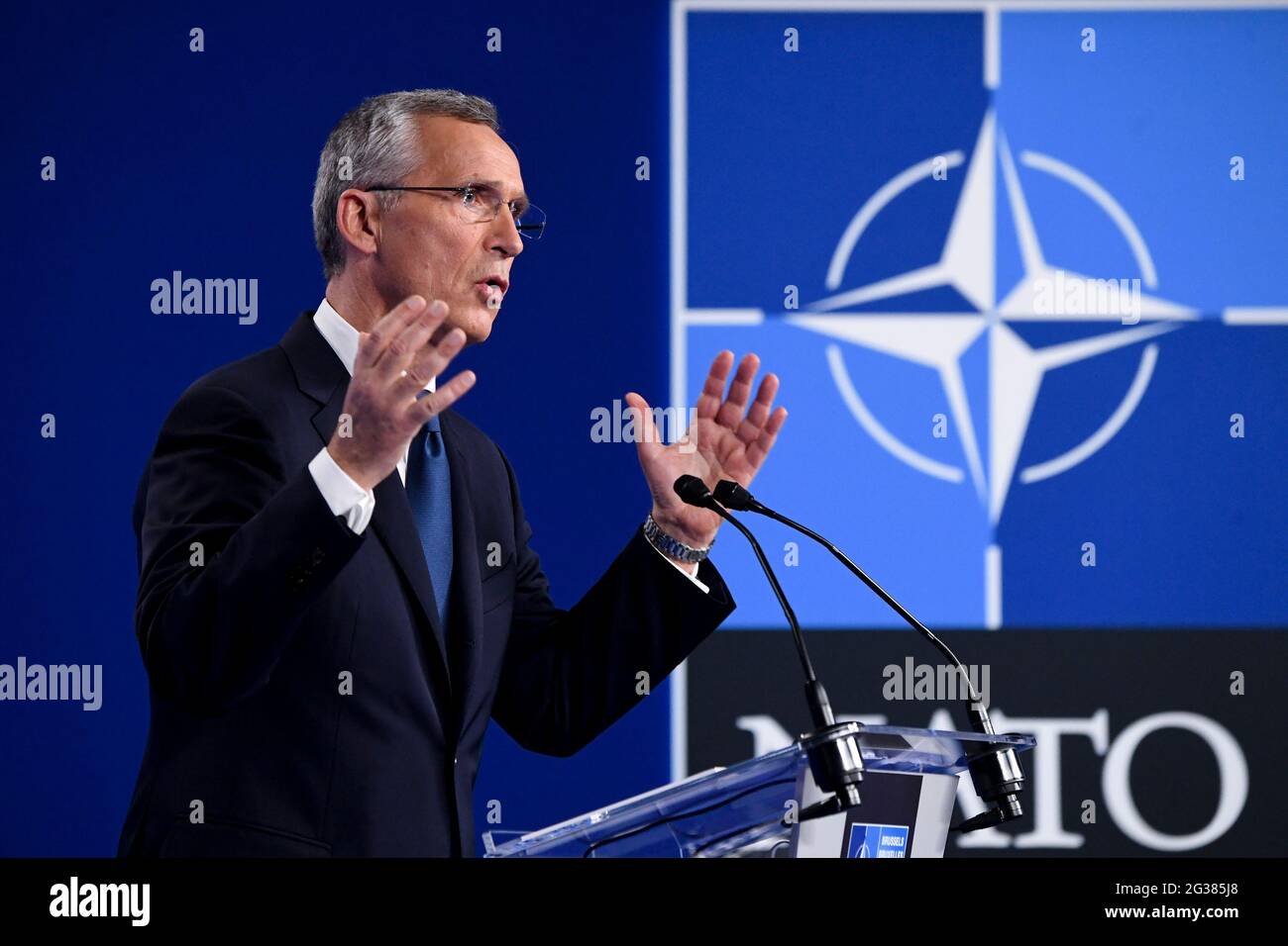 NATO Secretary General Jens Stoltenberg pictured at the press ...