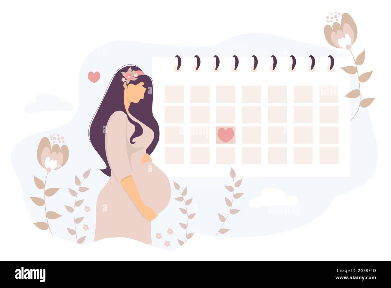 Happy pregnant girl looks at the calendar. Cute woman hugs her belly ...