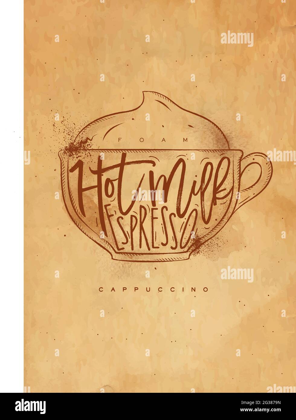 Cappuccino cup lettering foam, hot milk, espresso in vintage graphic ...