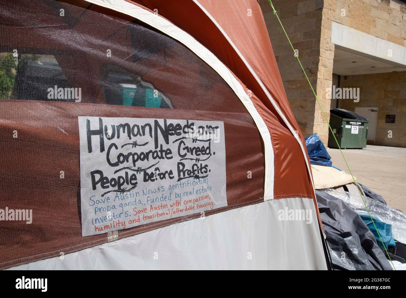 Austin, Texas, USA. 14th June, 2021. Protest sign on tent erected at ...