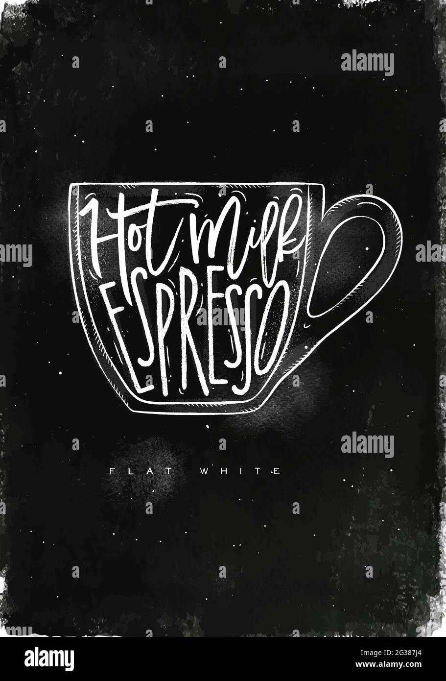 Flat white lettering hot milk, espresso in vintage graphic style ...