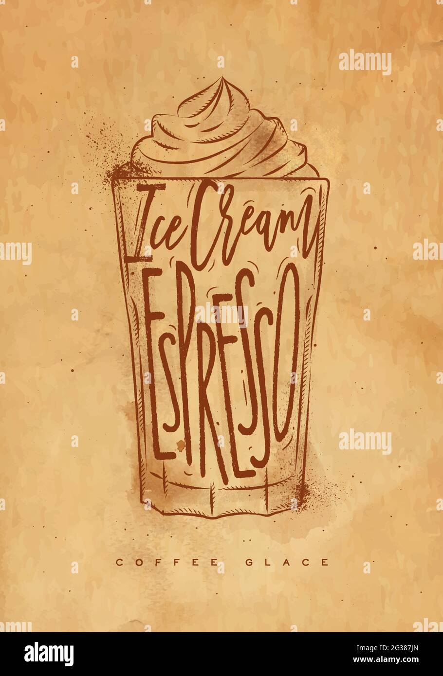 Coffee glace cup lettering ice cream, espresso in vintage graphic style ...