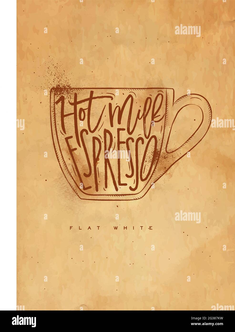 Flat white lettering hot milk, espresso in vintage graphic style ...