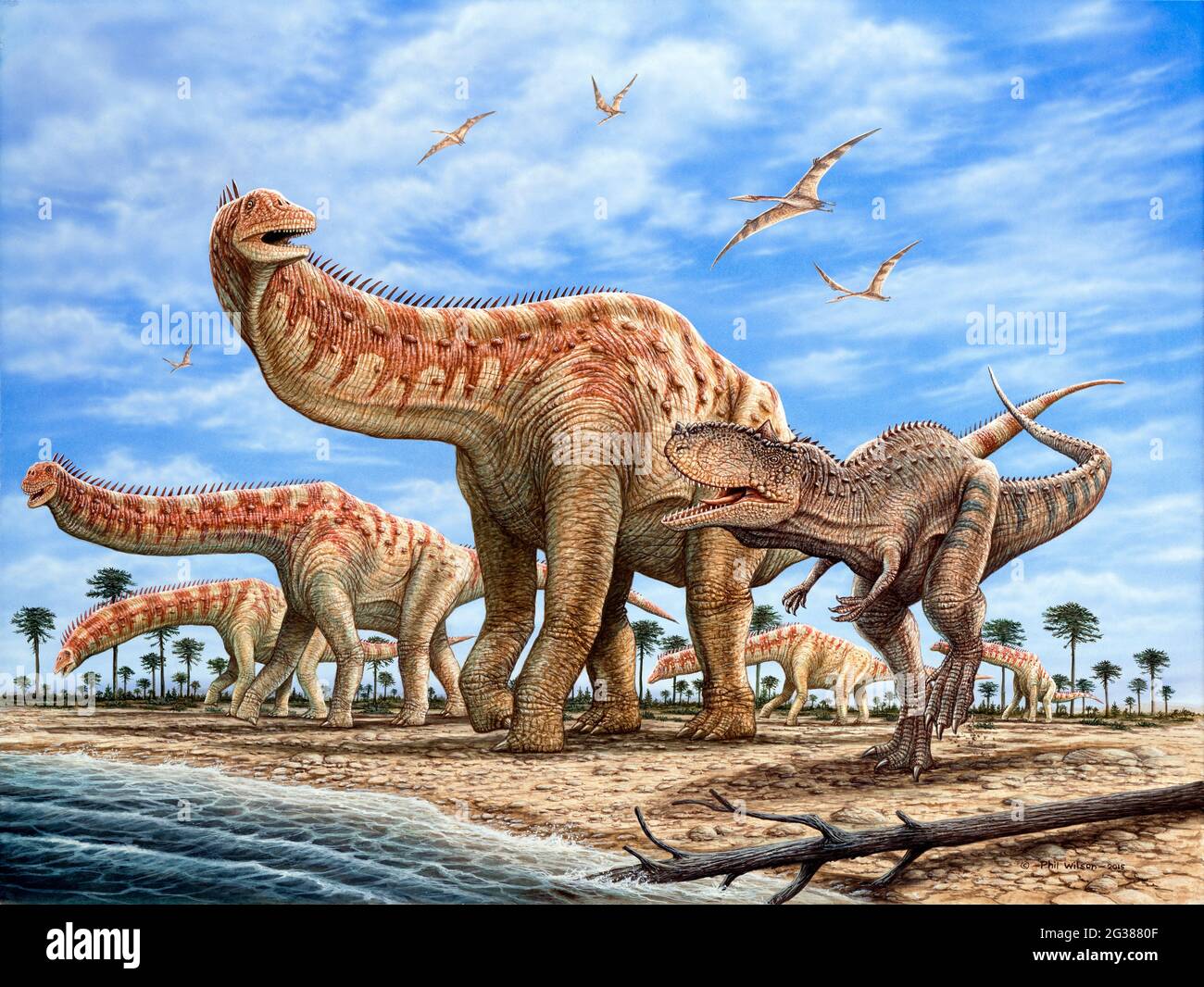 A Rajasaurus pursues a herd of Isisaurus dinosaurs Stock Photo - Alamy