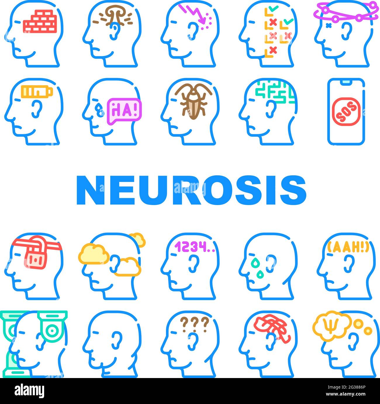 Neurosis Brain Problem Collection Icons Set Vector Stock Vector Image ...
