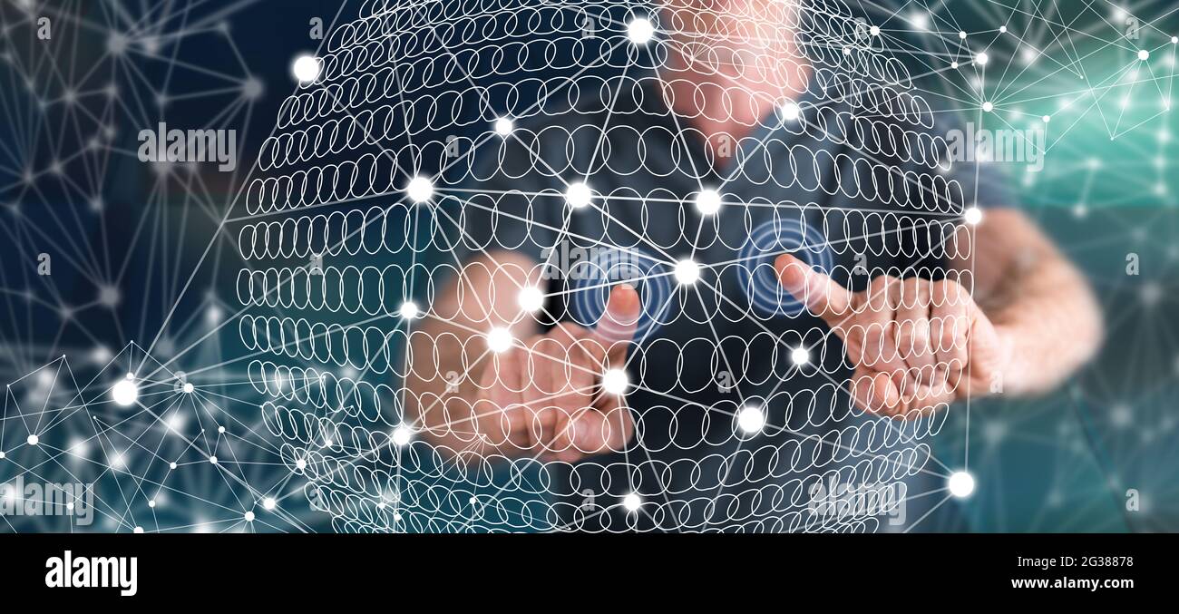 Man touching a global connection concept on a touch screen with his ...