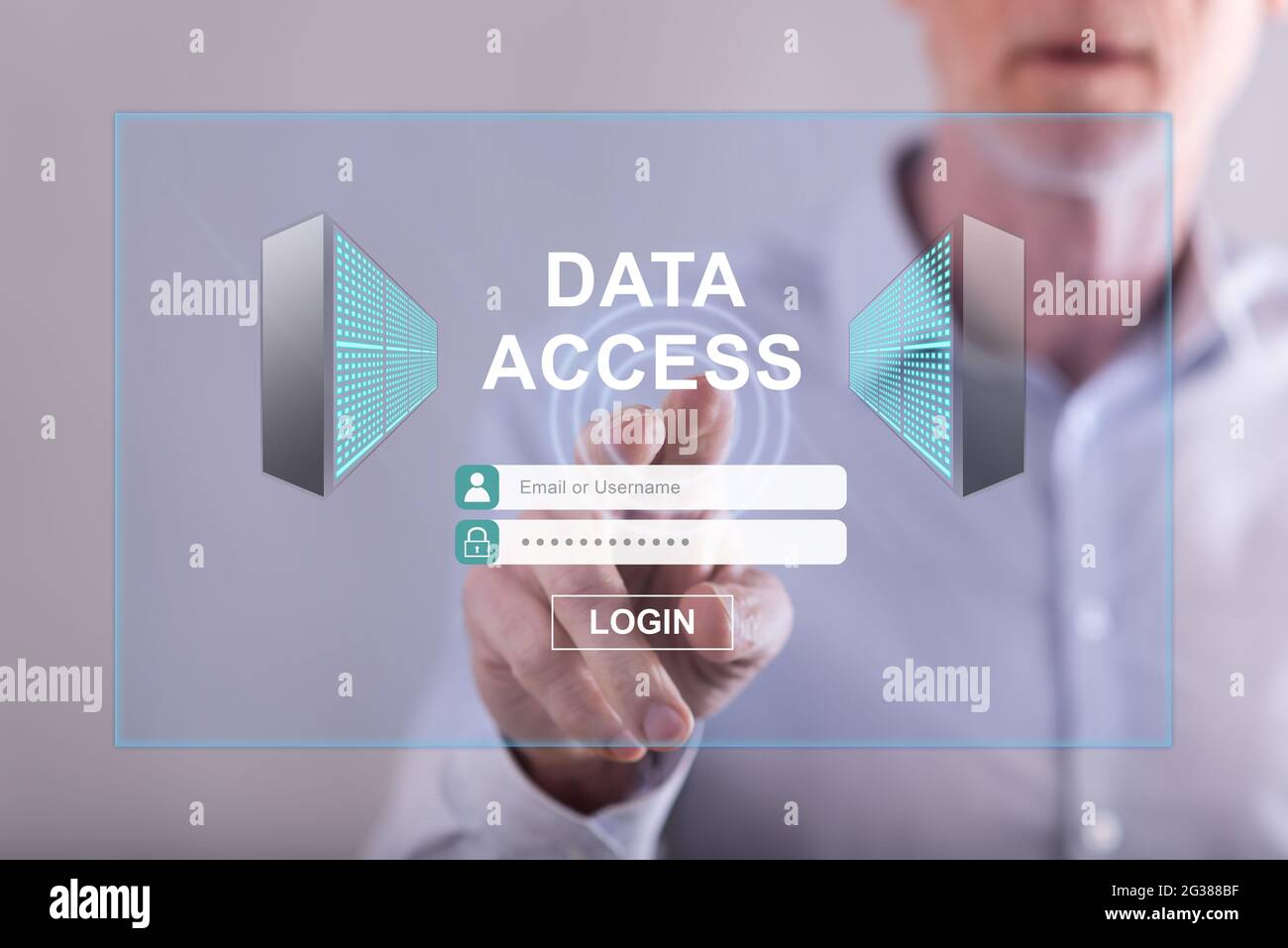 Man touching a data access concept on a touch screen with his finger ...