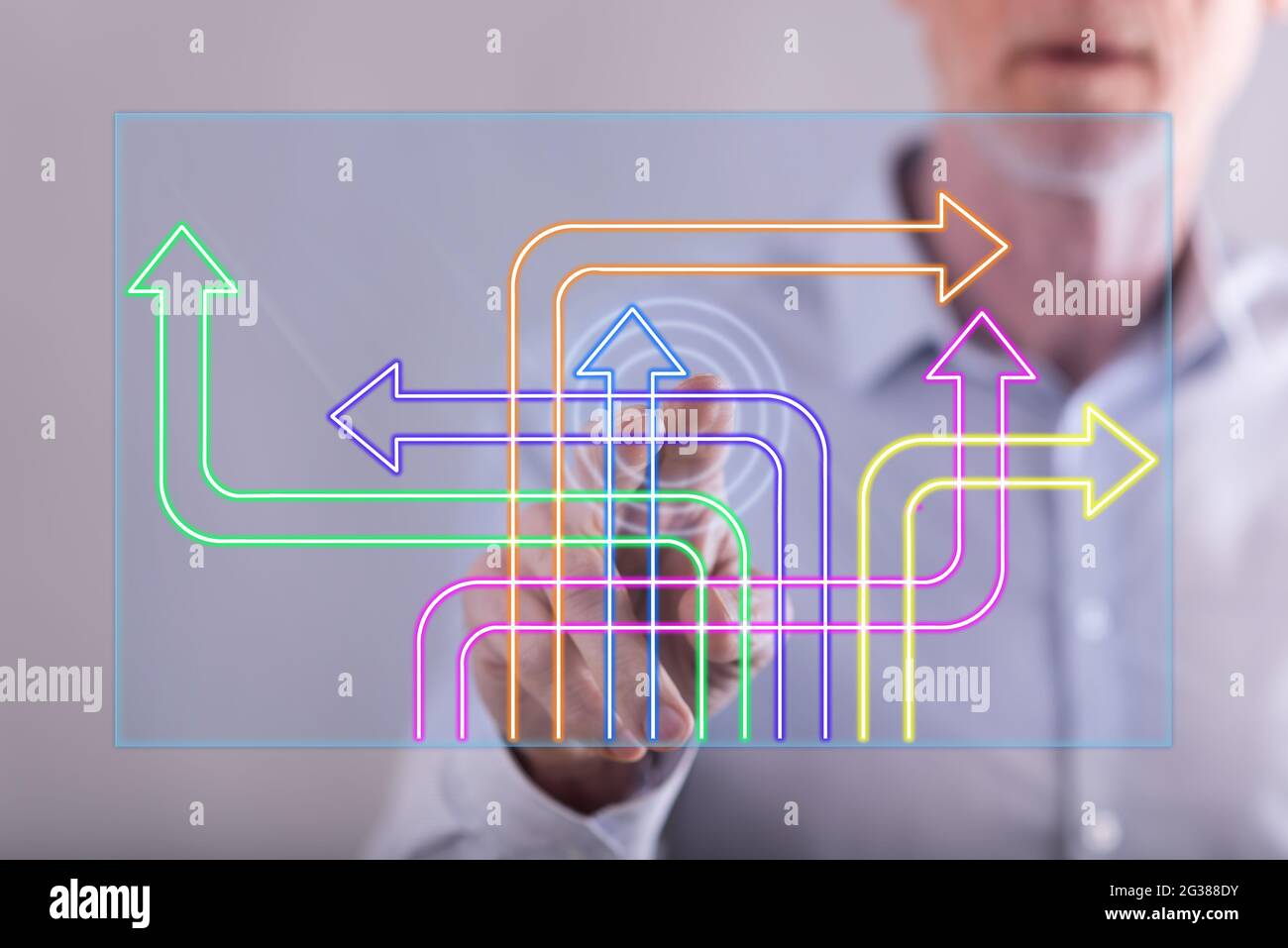 Man touching a digital decision concept on a touch screen with his ...