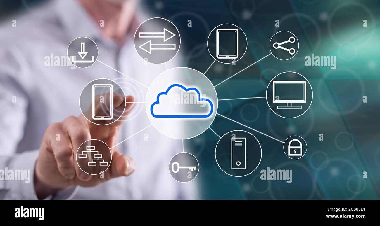 Man touching a cloud computing concept on a touch screen with his ...