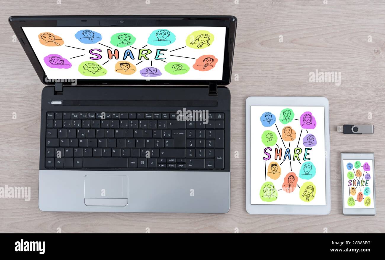 Share concept shown on different information technology devices Stock ...