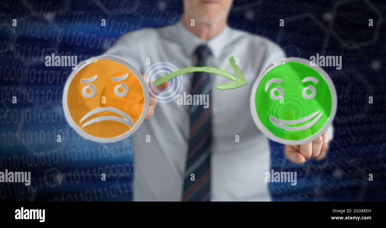 Man touching a customer satisfaction concept on a touch screen with his ...