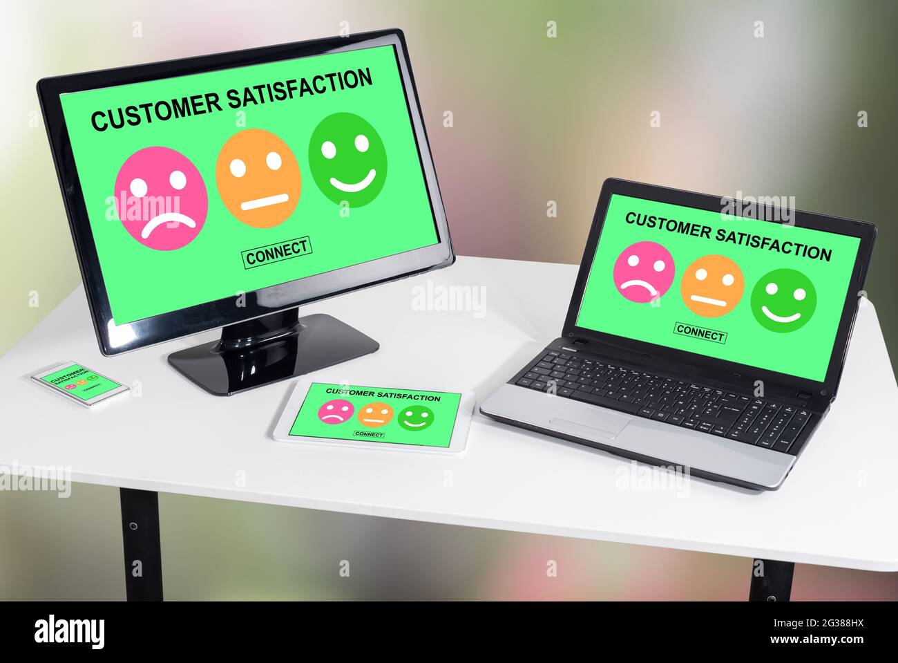 Customer satisfaction concept shown on different information technology ...