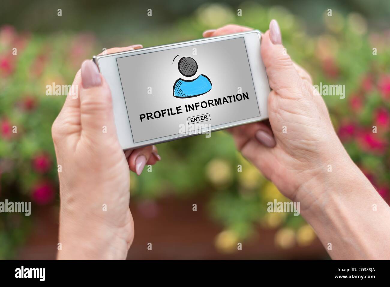 Female hands holding a smartphone with profile information concept ...