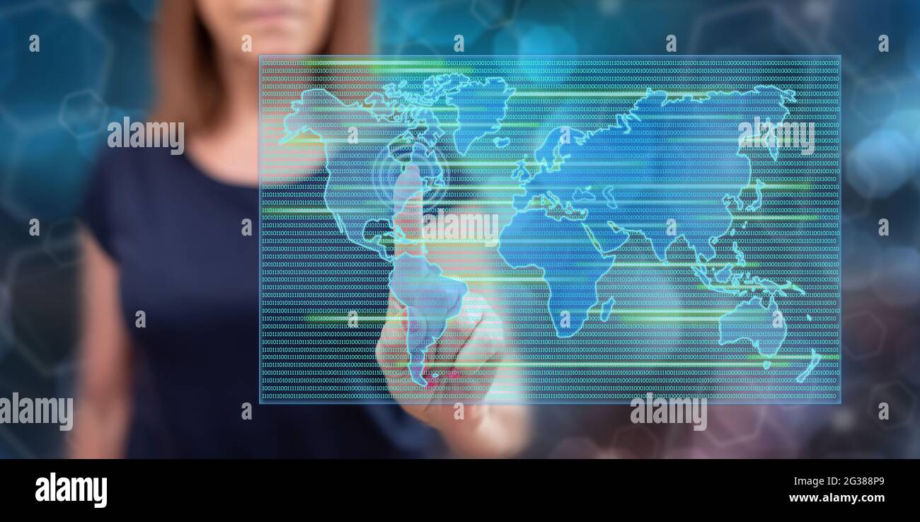 Woman touching a data transfer concept on a touch screen with her ...