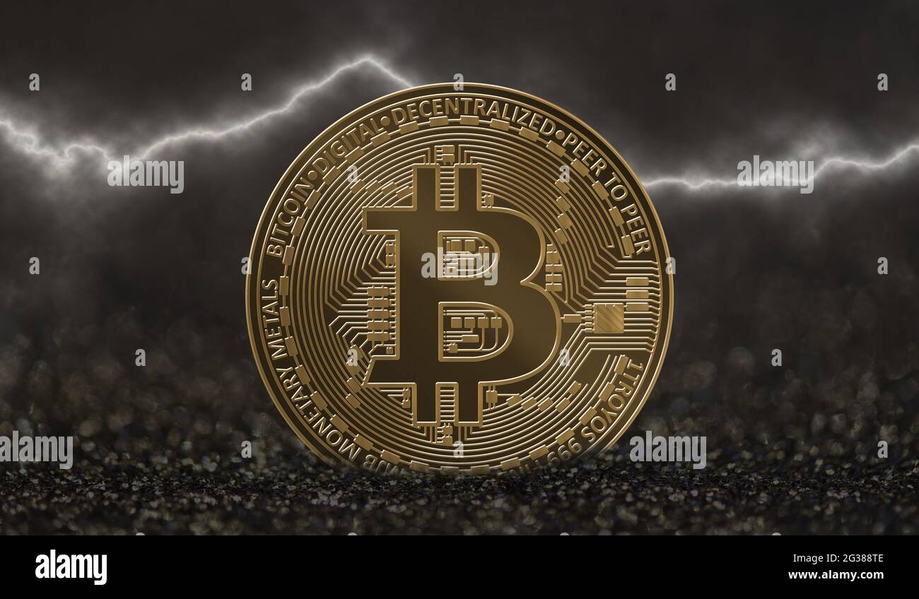 Golden bitcoin on lightning background hi-res stock photography and ...