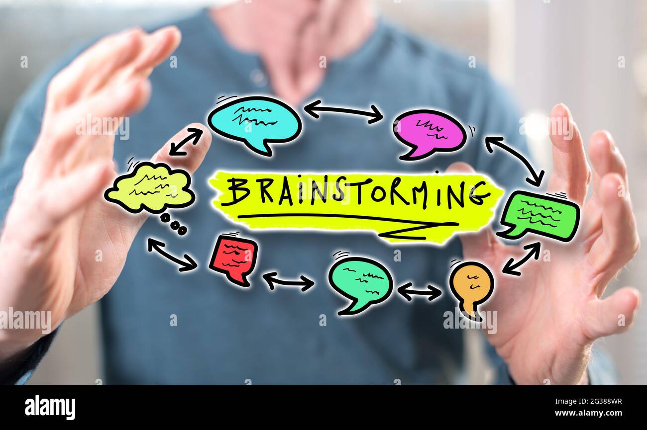 Brainstorming concept between hands of a man in background Stock Photo ...