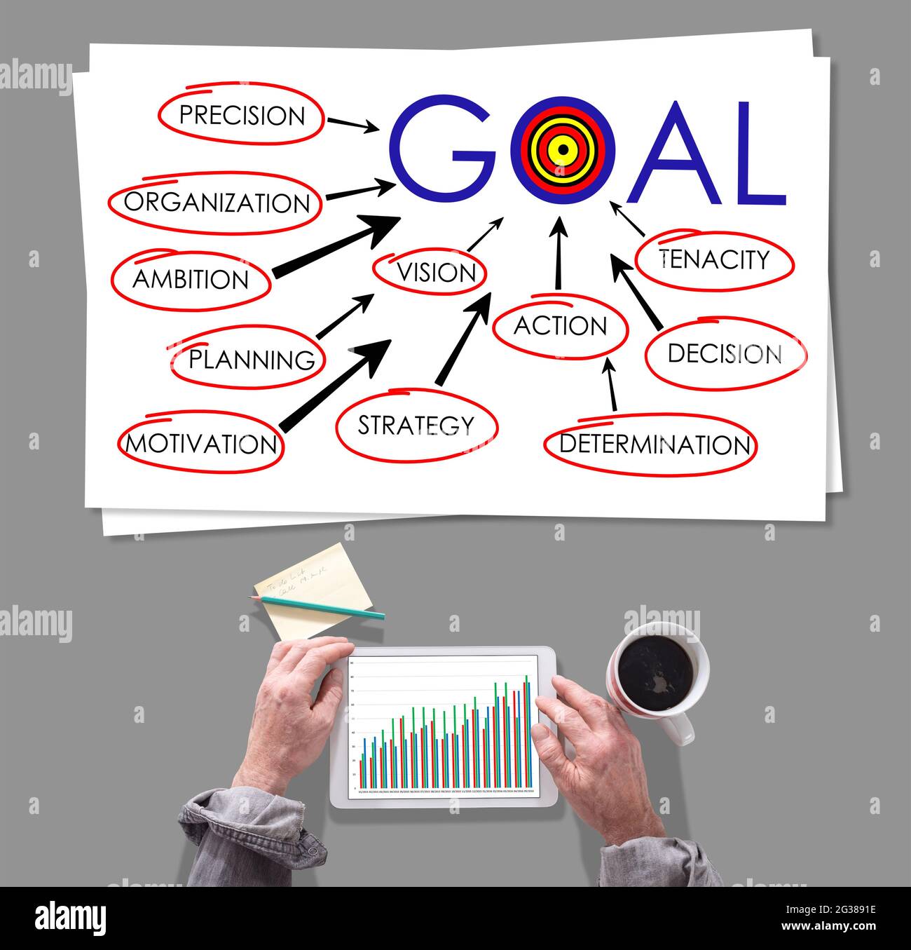 Male hands using tablet in front of goal concept Stock Photo - Alamy