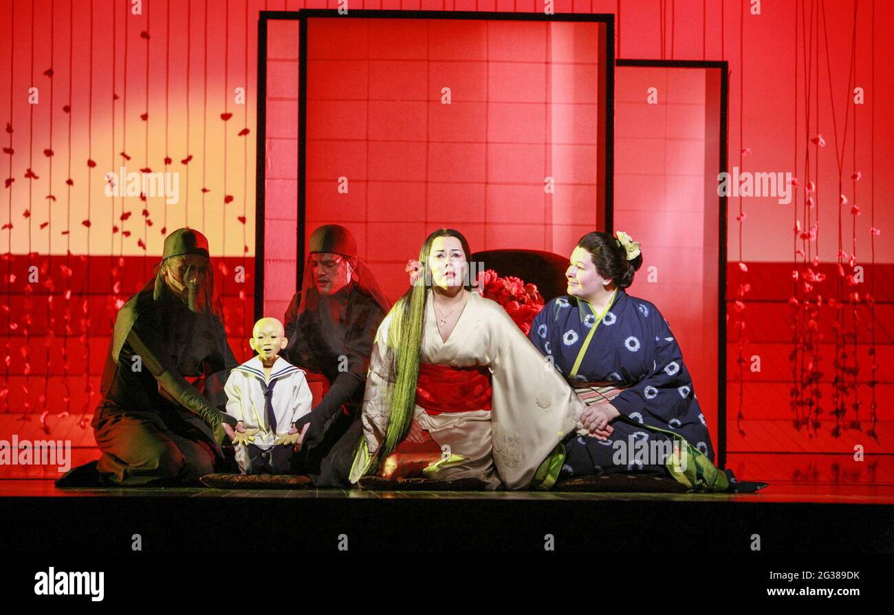 l-r: Sorrow (Butterfly's son, represented by a puppet), Judith Howarth ...