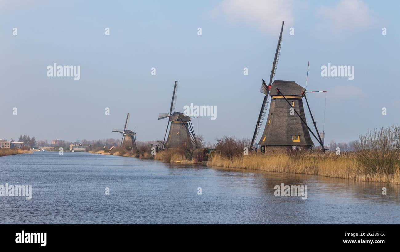 Kinderijk, Netherlands - 11 March 2016: View of the Famous windmills ...