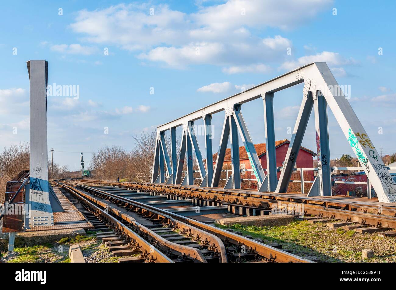 structure of gray metal railway bridge for train. Old railway bridge ...