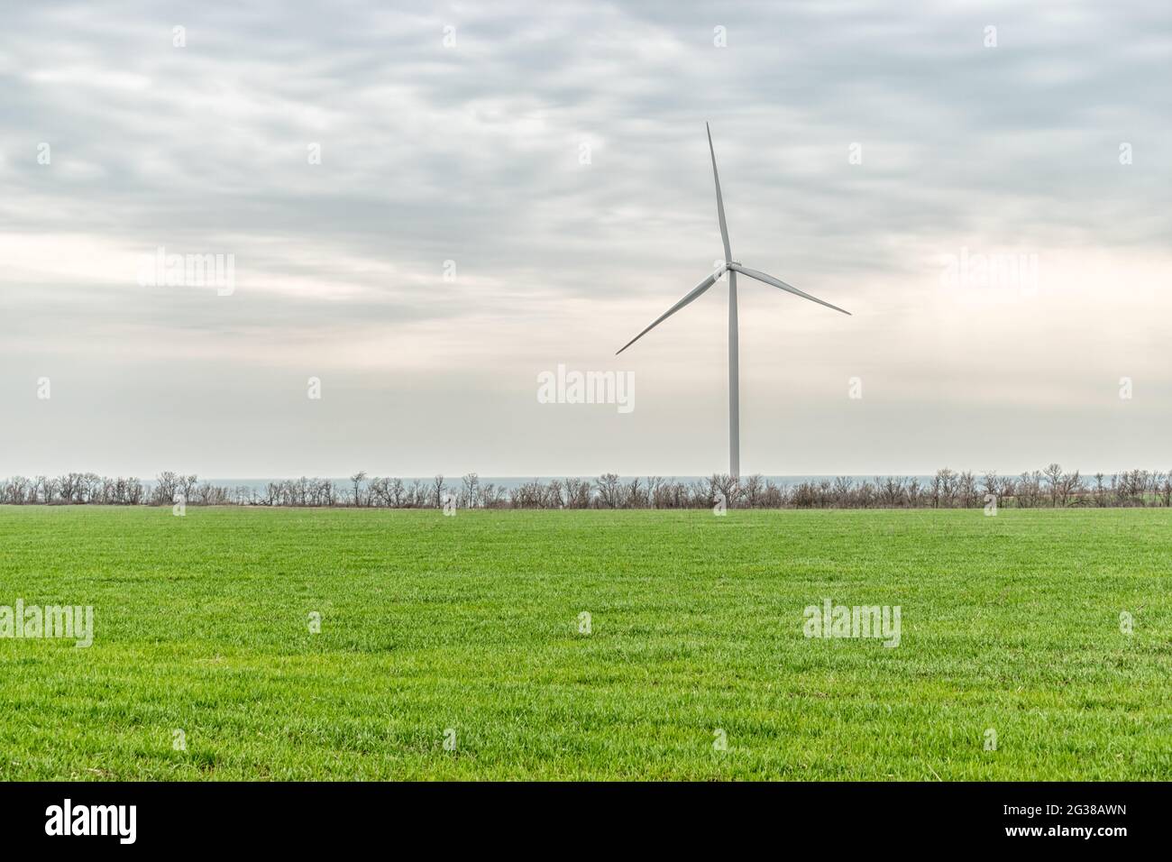 Wind turbines generating electricity in a green field. Green power ...