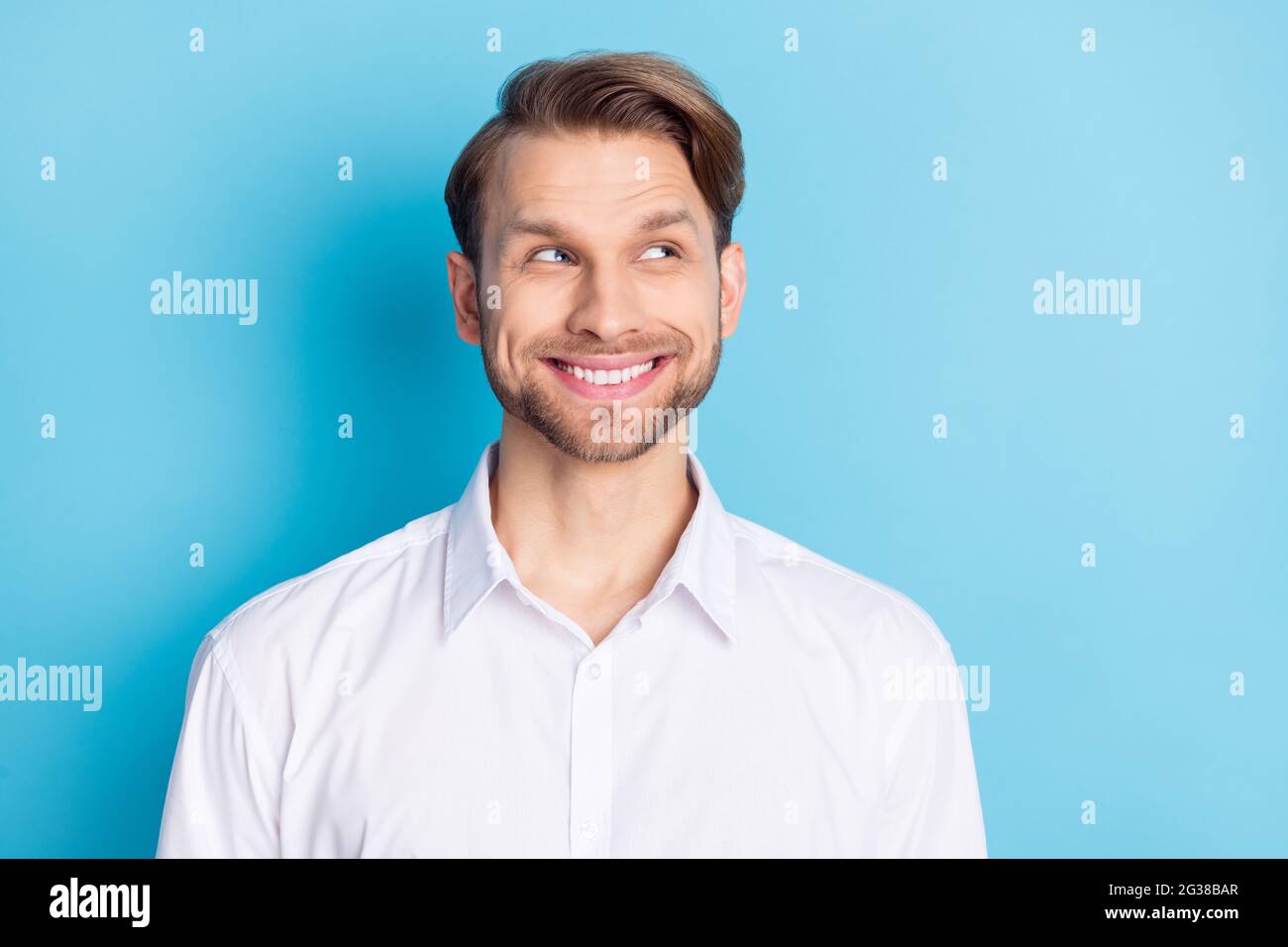 Photo of happy dreamy young woman look empty space smile good mood ...