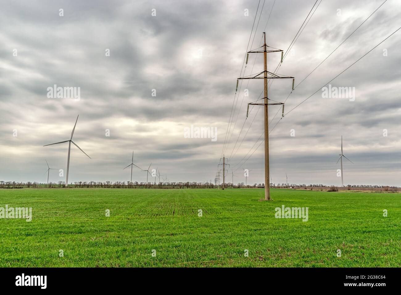Wind turbines generating electricity in a green field. Green power ...