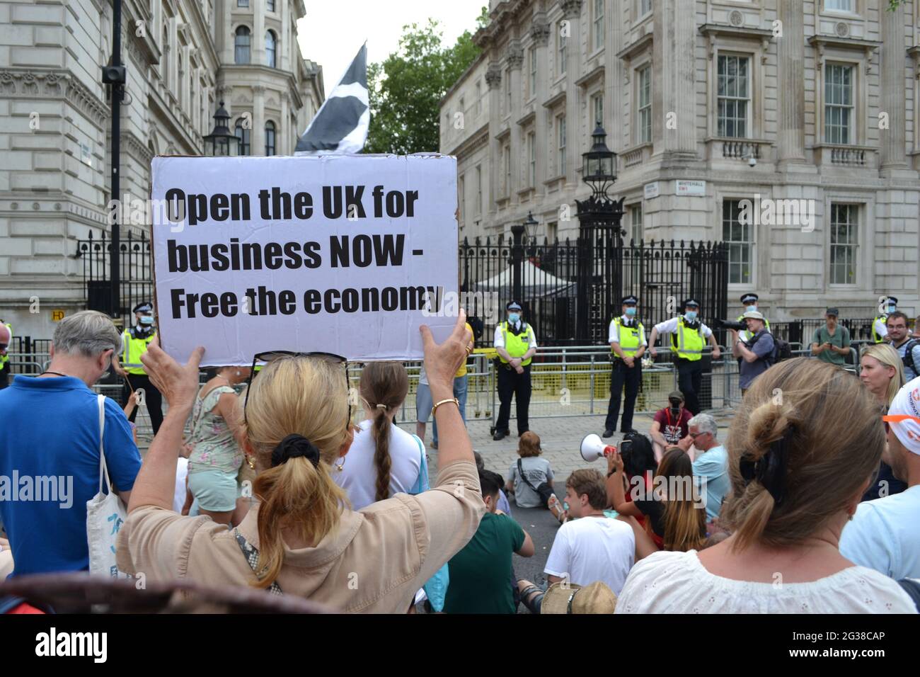 London, England. 14th June 2021. Protesters at a 'Judgement Day' anti ...
