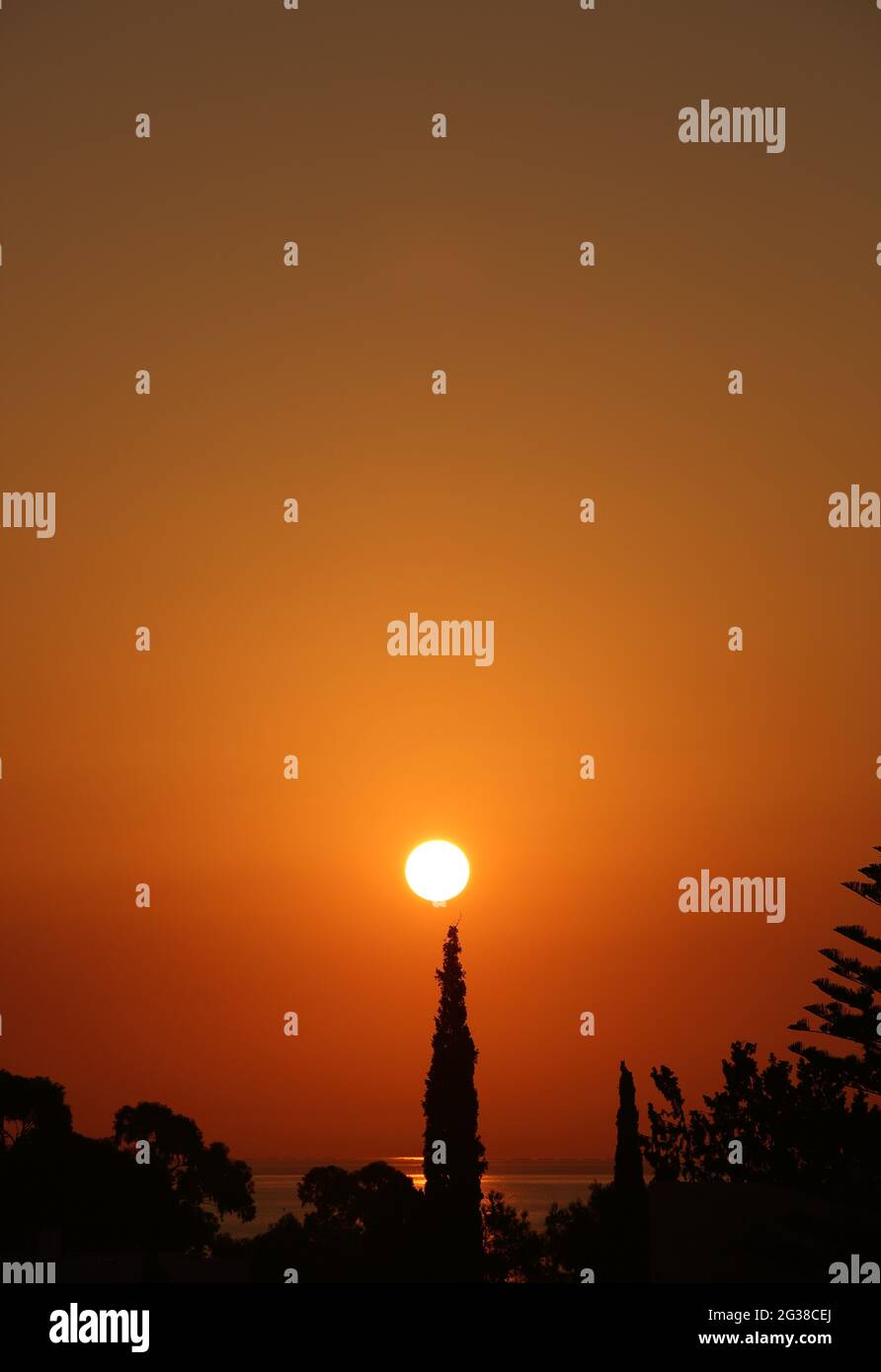early morning time in Cyprus, sunrise, silhouette view with rising sun ...