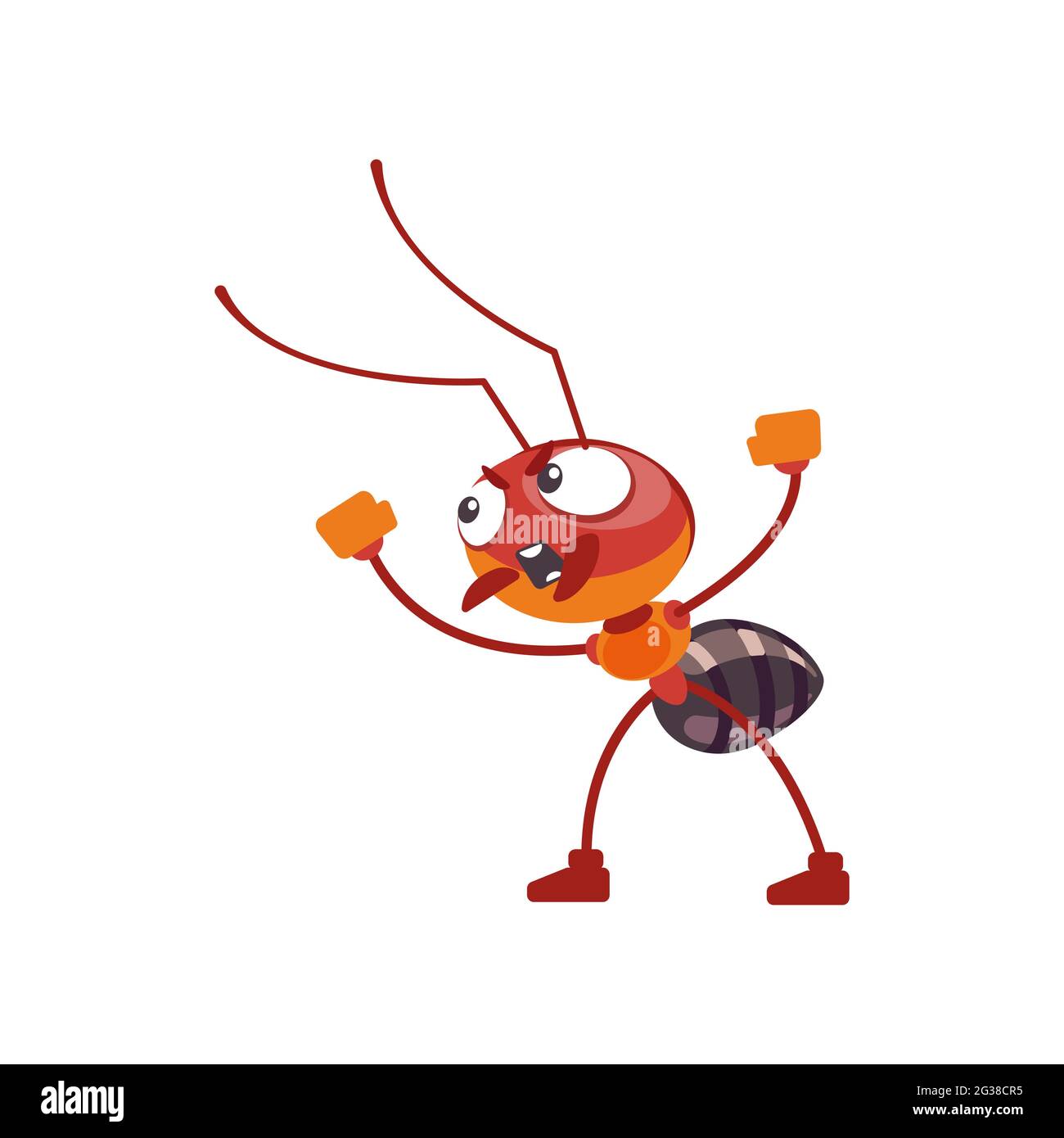 A cute ant character in a fighting pose screams and warns his friends ...