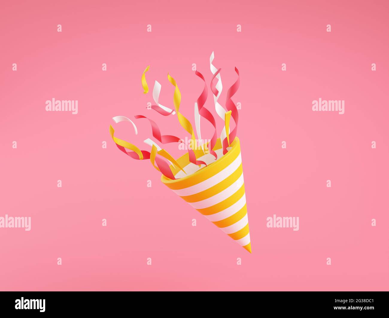 Party popper with flying confetti 3d render illustration on pink ...