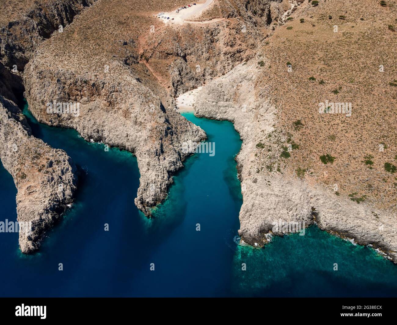 Aerial top view by drone of beach of Seitan Limania in bay with ...