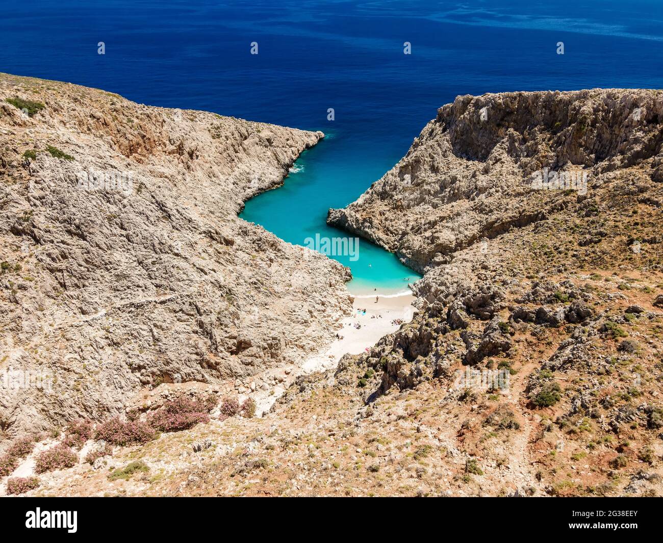 Aerial top view by drone of beach of Seitan Limania in bay with ...