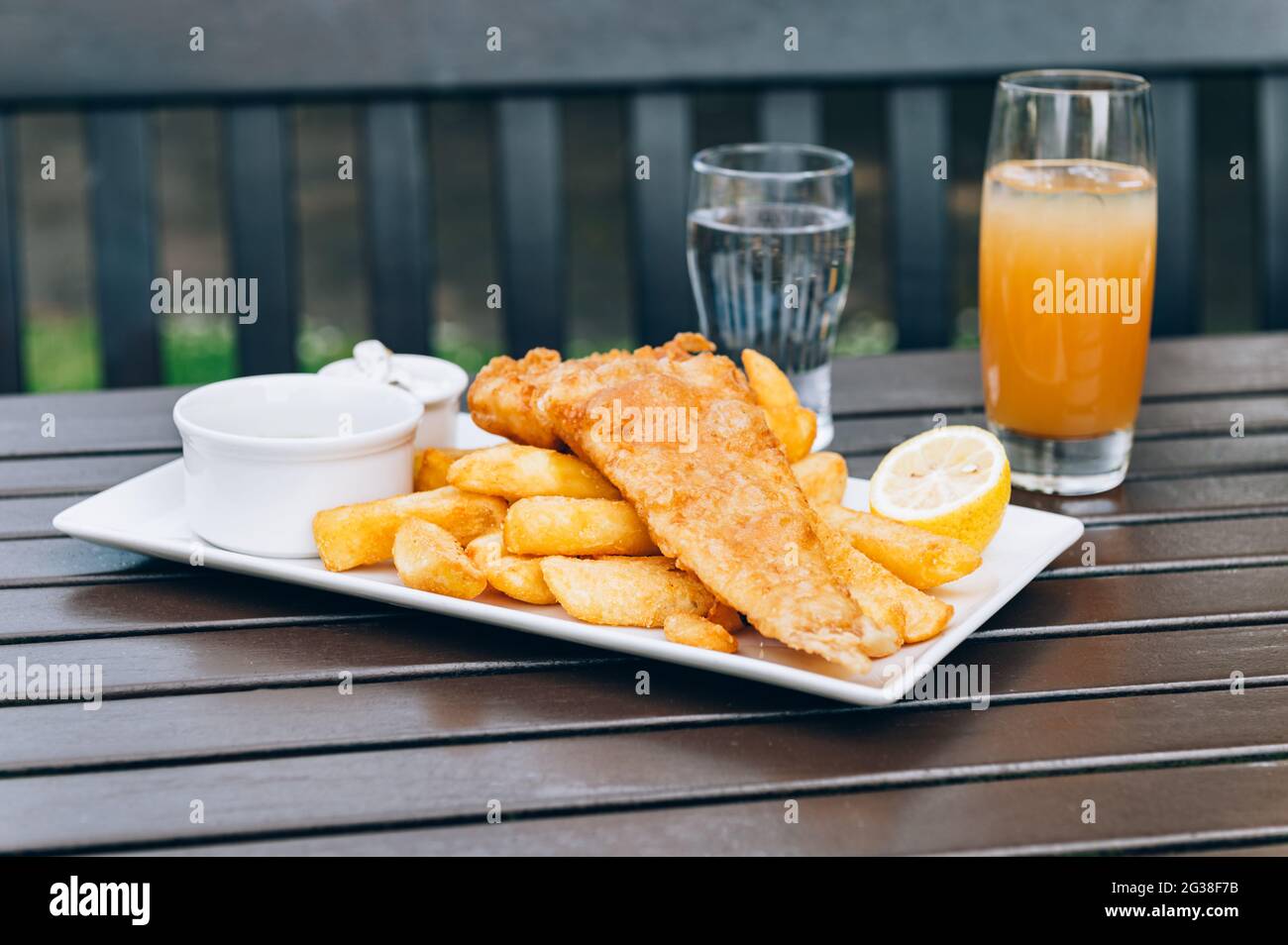 Fish and Chips with peas Stock Photo - Alamy