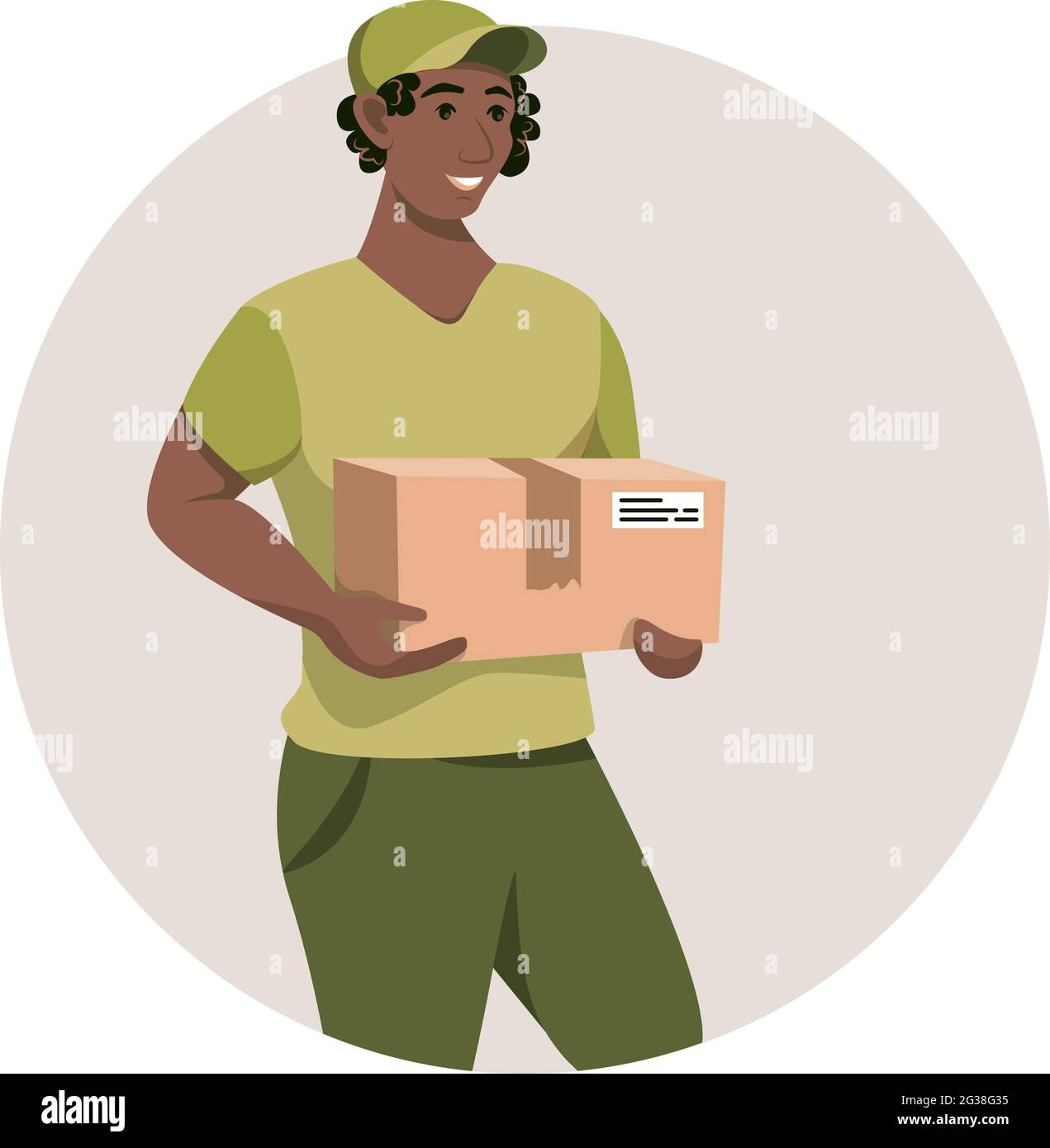 Smiling delivery black man in uniform with box in hands. Courier with ...