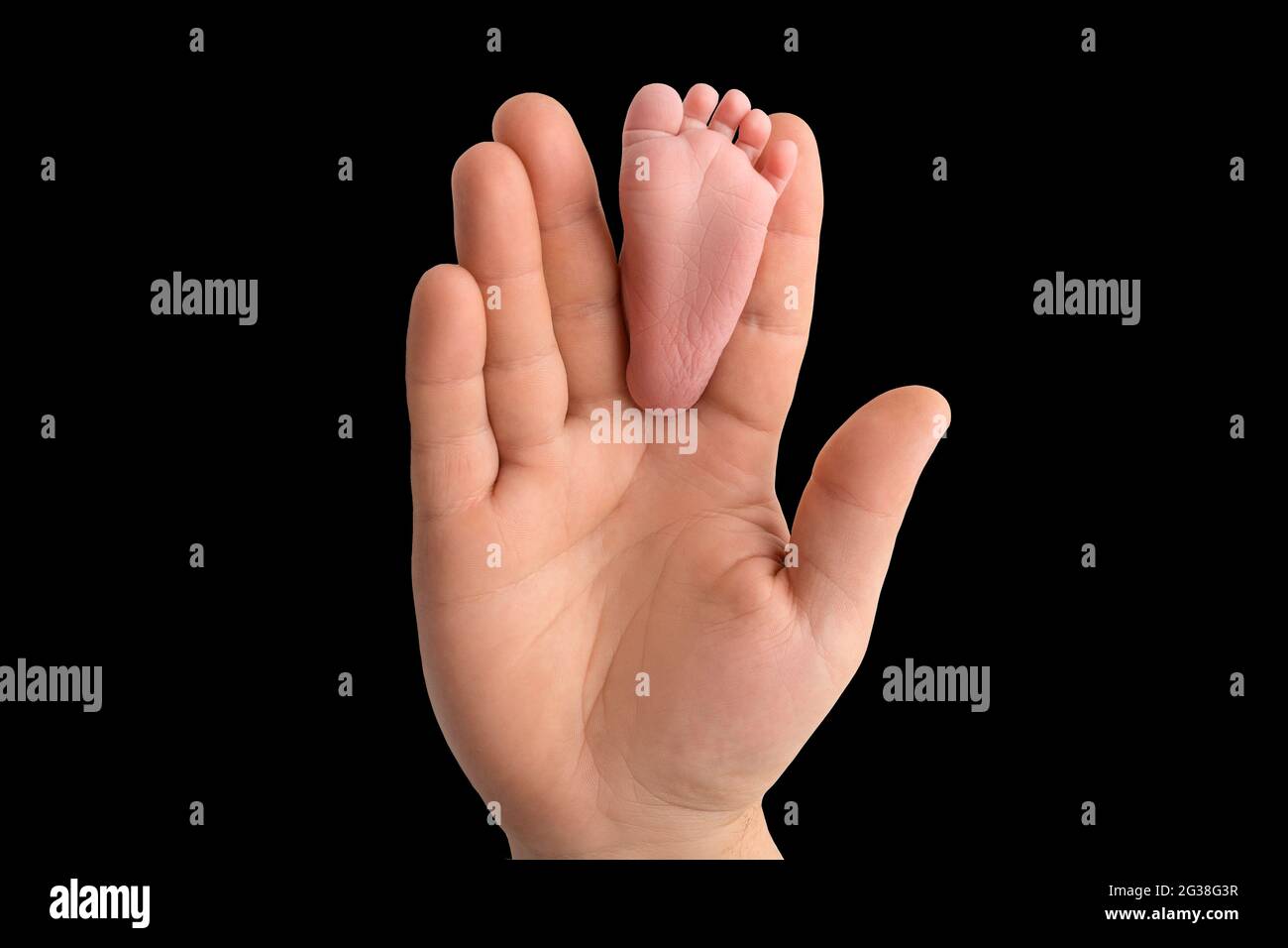 Baby feet in father's hand. The tiny foot of a newborn baby between the ...