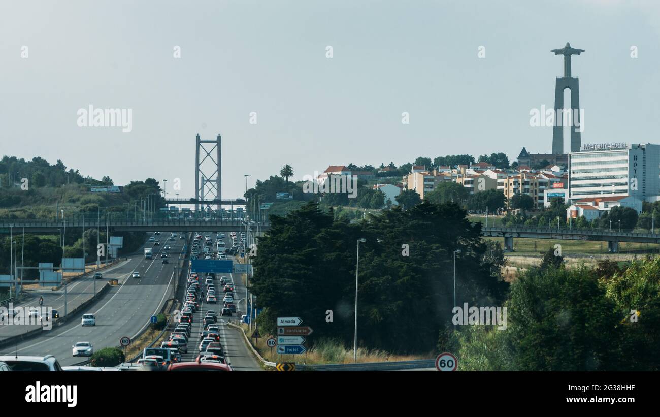 Heavy traffic on the A2 highway heading South towards the 25 de Abril ...